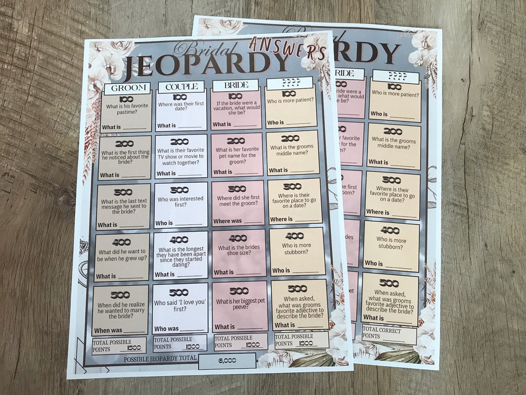 Country Bridal Shower Jeopardy Printable Wedding Game Flowers Hen Do ...