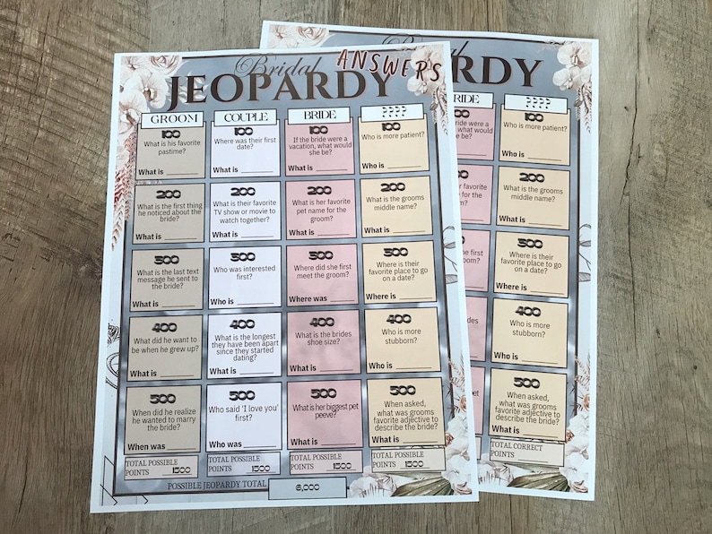 Country Bridal Shower Jeopardy Printable Wedding Game Flowers Hen Do ...