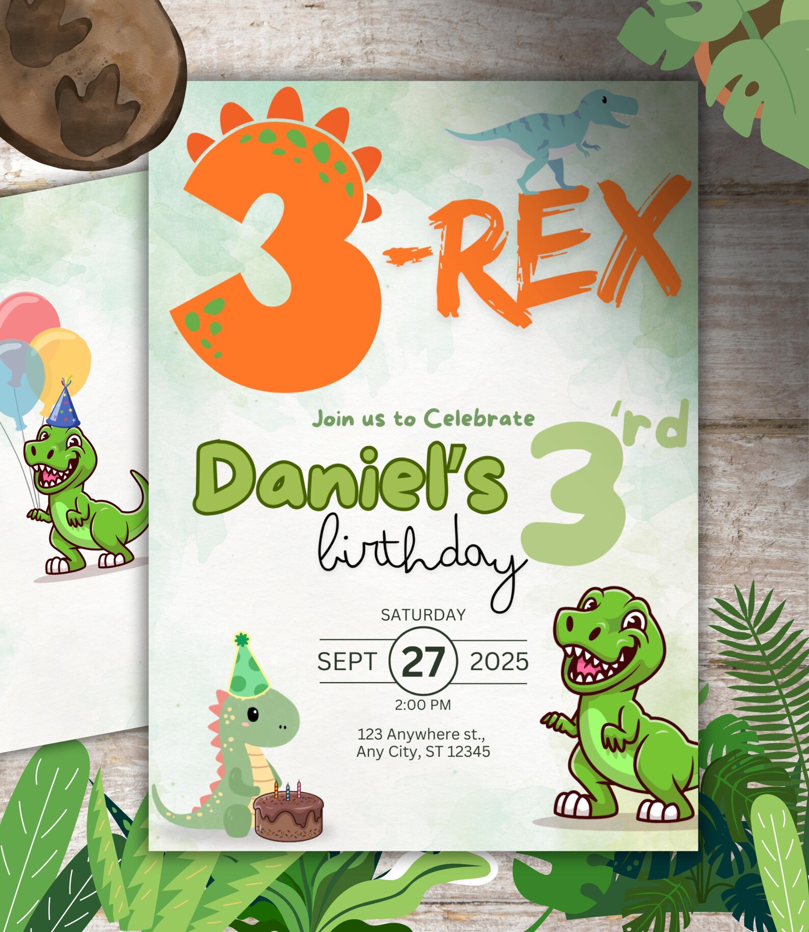 Editable Birthday Invitation Template Printable Invite 3-rex Turning 3 ...