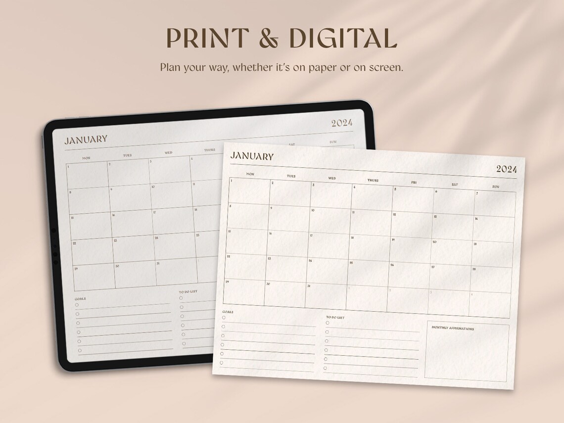 2024 Monthly Calendar | Digital Planner | Notepad | Minimalist Monthly ...