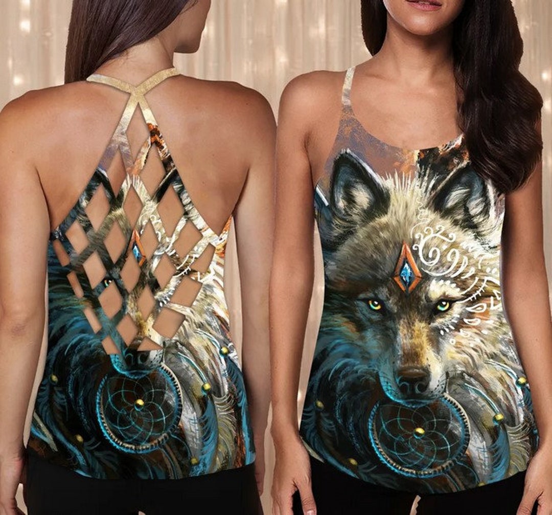 Wolf Native American Criss Cross Tank Top , Wolf Leggings, Wolf Women ...
