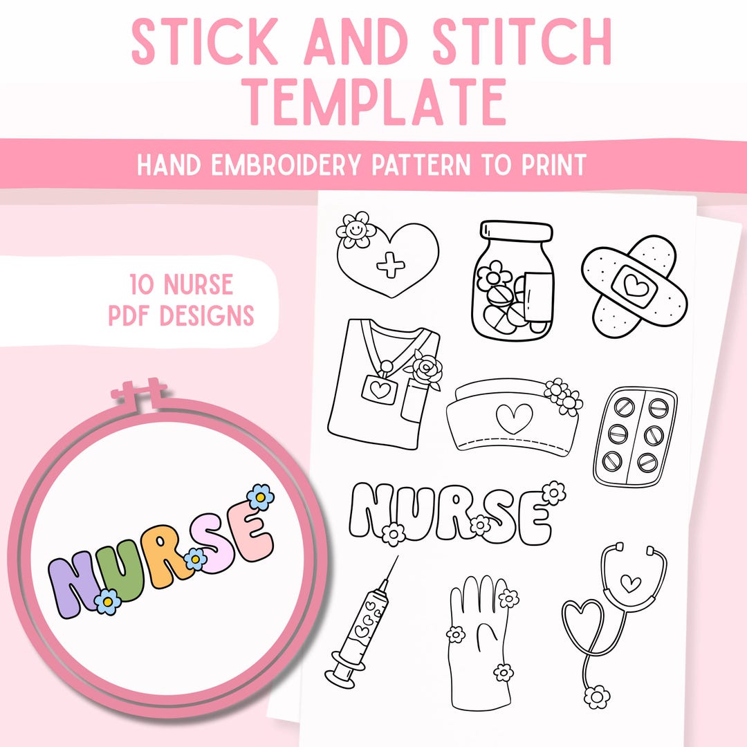 Nurse Stick and Stitch Embroidery Pattern: Printable PDF Template - Etsy