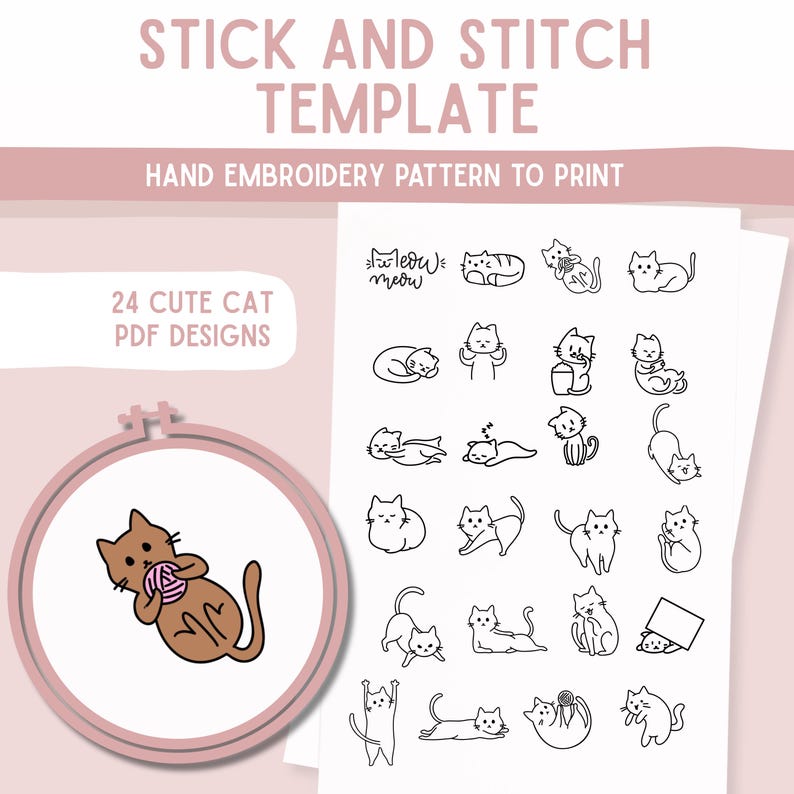 Cats Embroidery Pattern: Stick and Stitch Template (PDF Download) - Etsy
