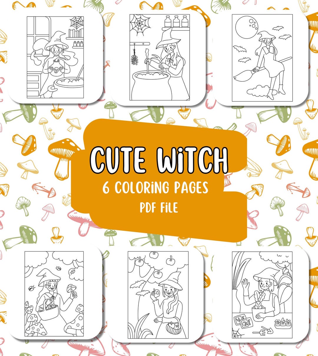 Cute Witch Coloring Pages, Cozy Coloring Page, Kawaii, Digital, Pdf ...
