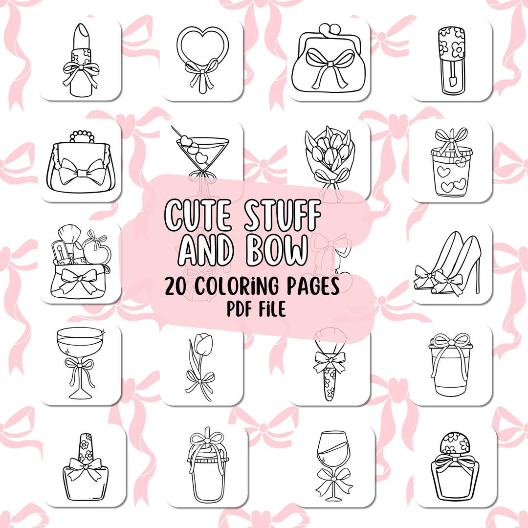 Cute Stuff and Bow Coloring Pages, Cozy Coloring Page, Kawaii, Digital ...