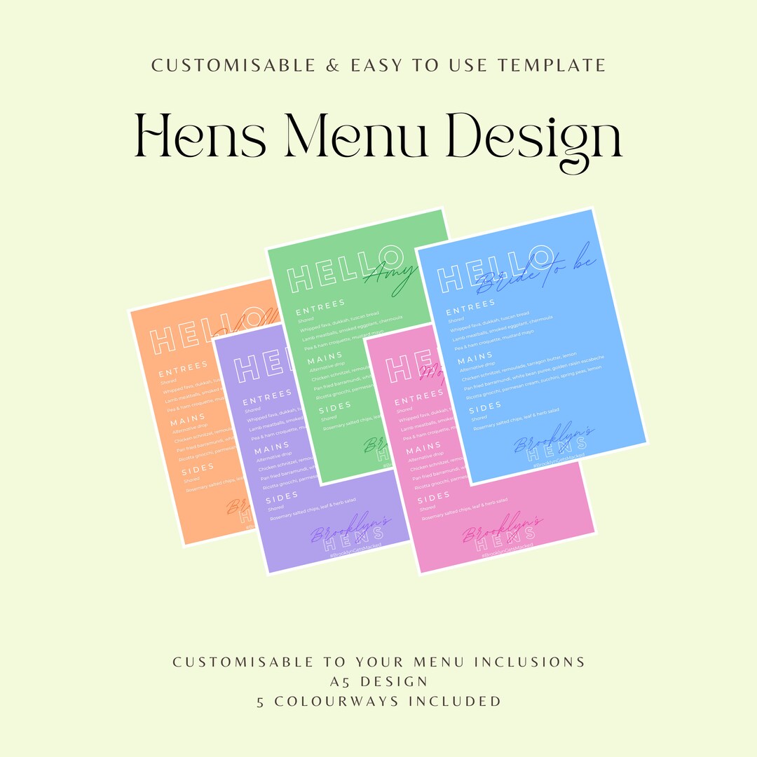Colourful Hens Menu Design. Hens Party Menu. Hens Lunch Menu - Etsy