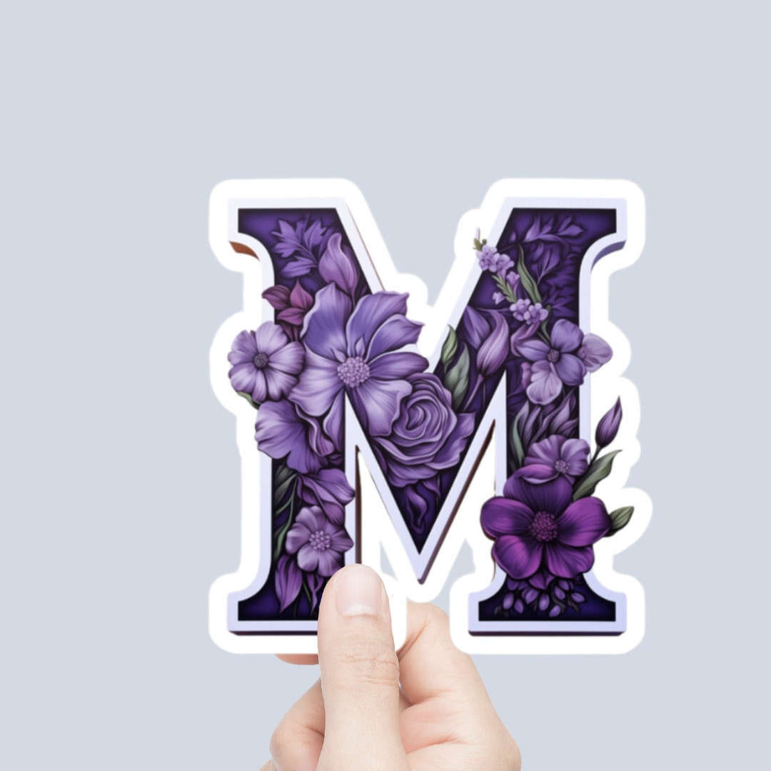 Letter M Purple Floral Waterproof Vinyl Sticker, Water Bottle Decal, Beautiful Sticker, Initial ...