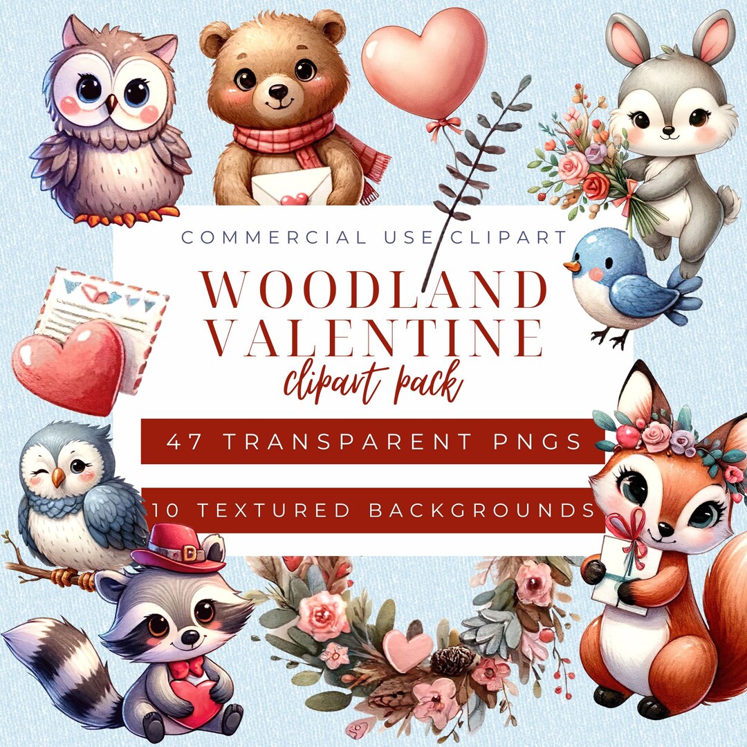 Woodland Animal Valentine's Day Clipart - Etsy
