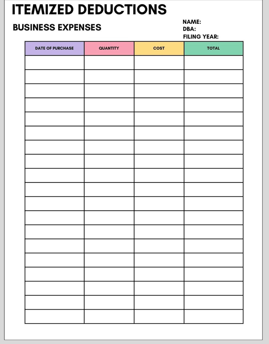 Itemized Deductions for Small Business Template - Etsy