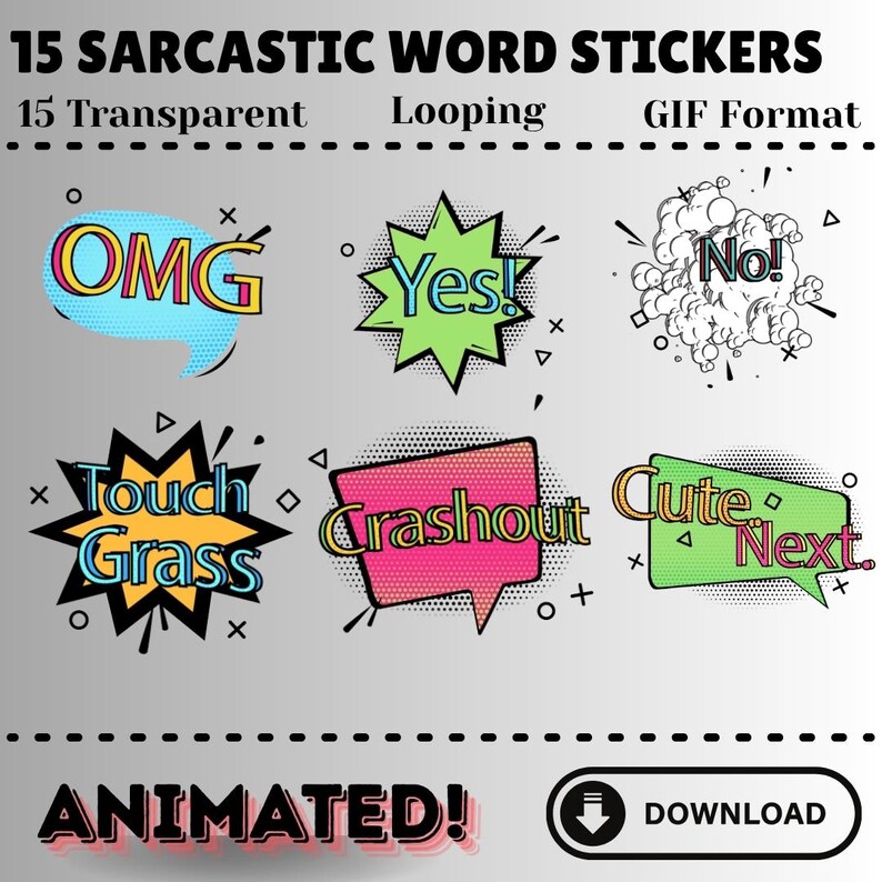 15 Sarcastic GIF Words • Text Stickers • Attitude Animation Pack - Etsy