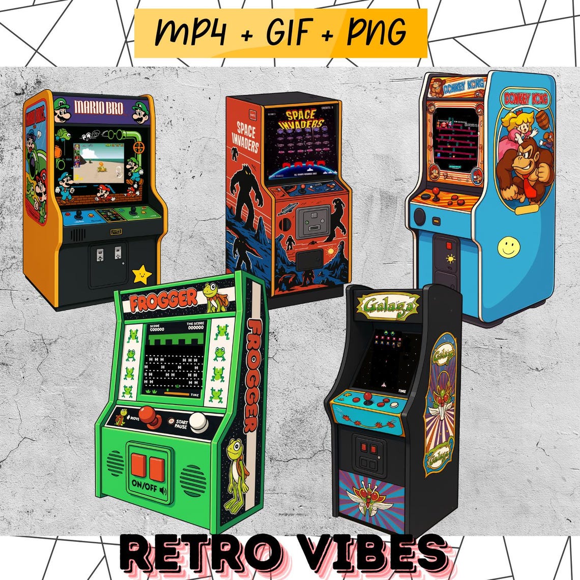 Retro Arcade Machine Animation Bundle: 80s Cartoon PNG GIF MP4 (digital ...