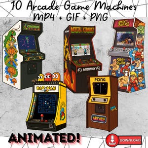 Retro Arcade Machine Animation Bundle: 80s Cartoon PNG GIF MP4 (digital ...