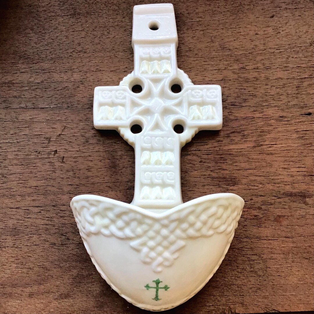 Vintage Belleek Holy Water Font Celtic Cross Ireland Communion 5th Mark ...