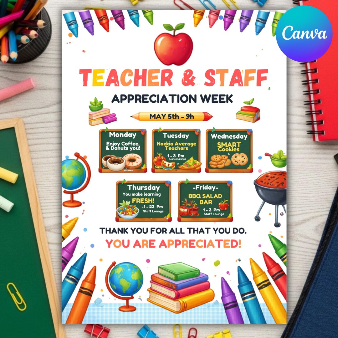 Teacher Appreciation Week Itinerary Flyer Template, Printable Teacher ...