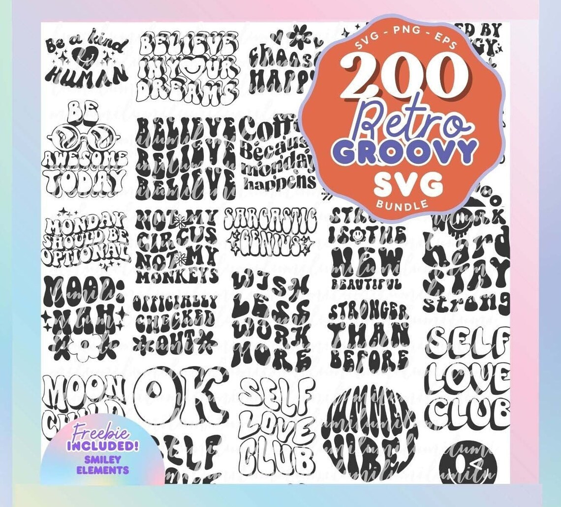Retro Svg Bundle, Aesthetic Svg Boho Rainbow Svg Groovy Svg Hippie Svg ...