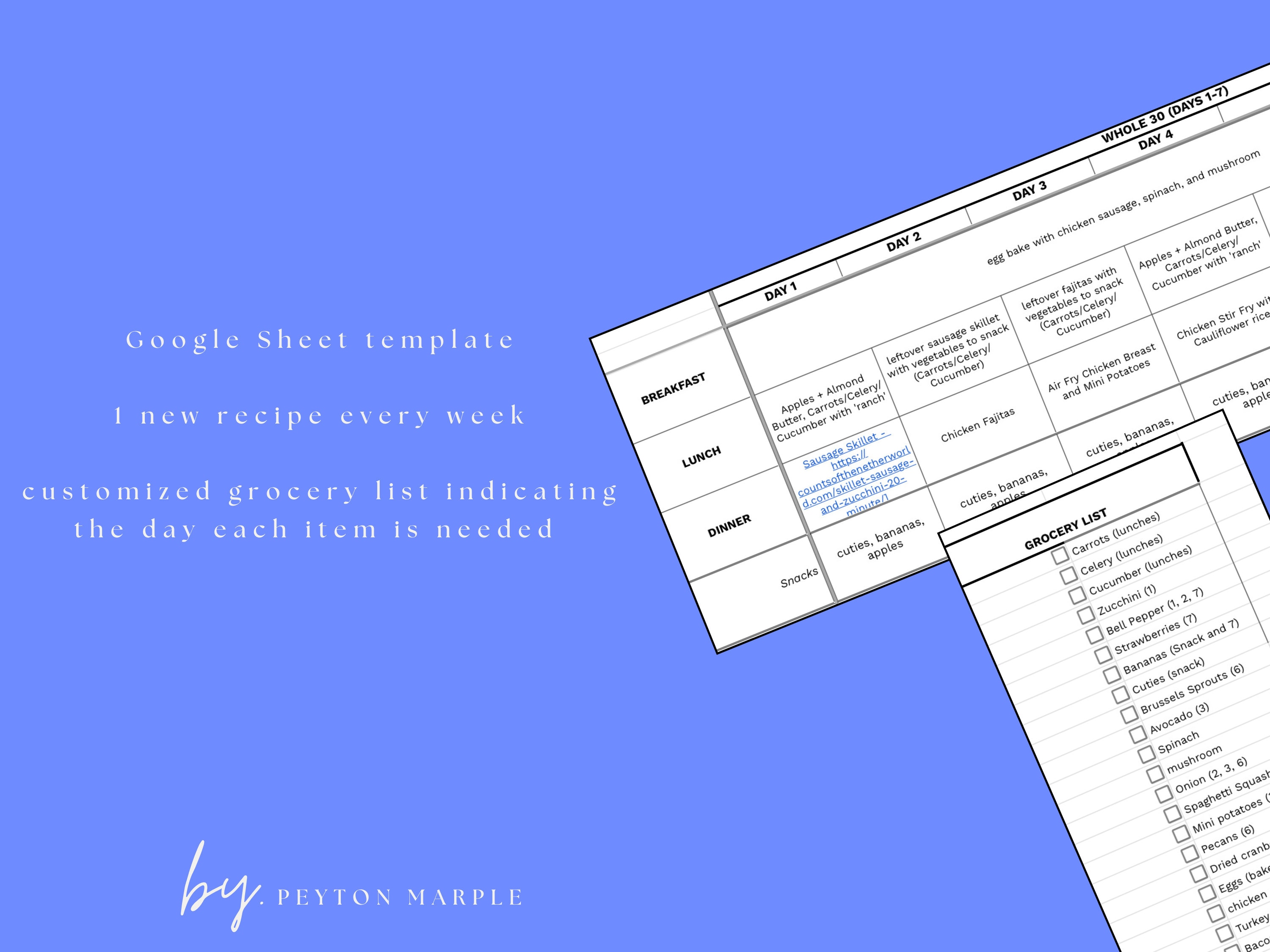 Whole 30 Meal Plan & Grocery Lists | Google Sheet Template - Etsy
