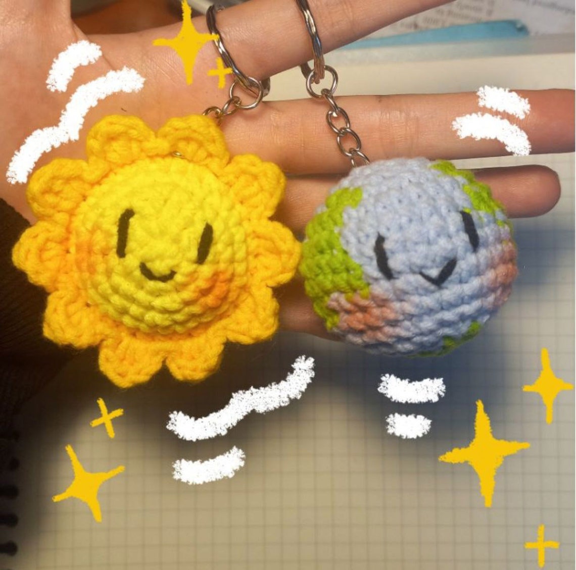 Crochet Earth and Sun Keychain, Sun and Earth Amigurumi, Mini Earth Sun ...
