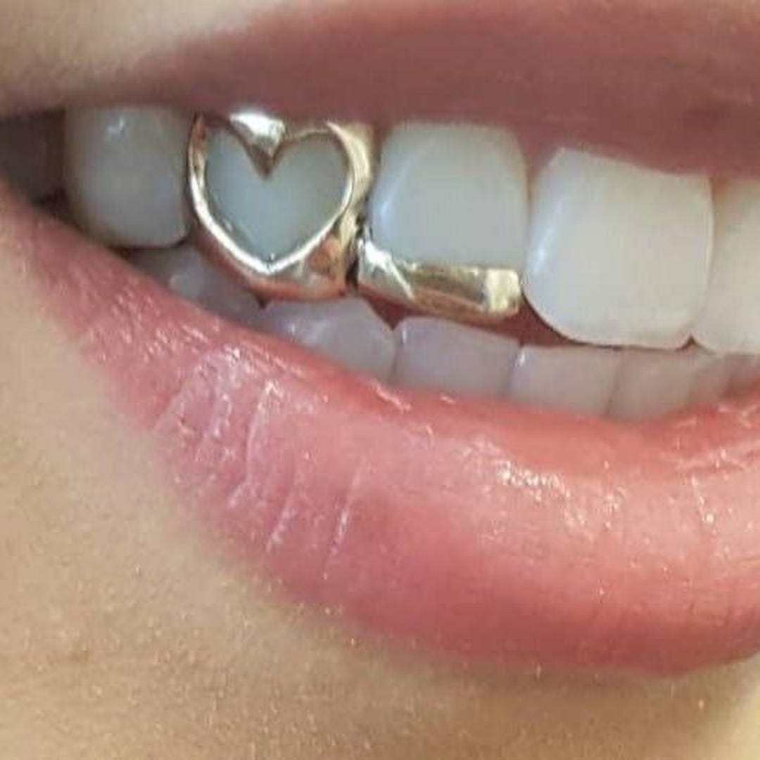 Custom Fit Grillz 2 Teeth With Heart and Small Front Bar or Star Open ...