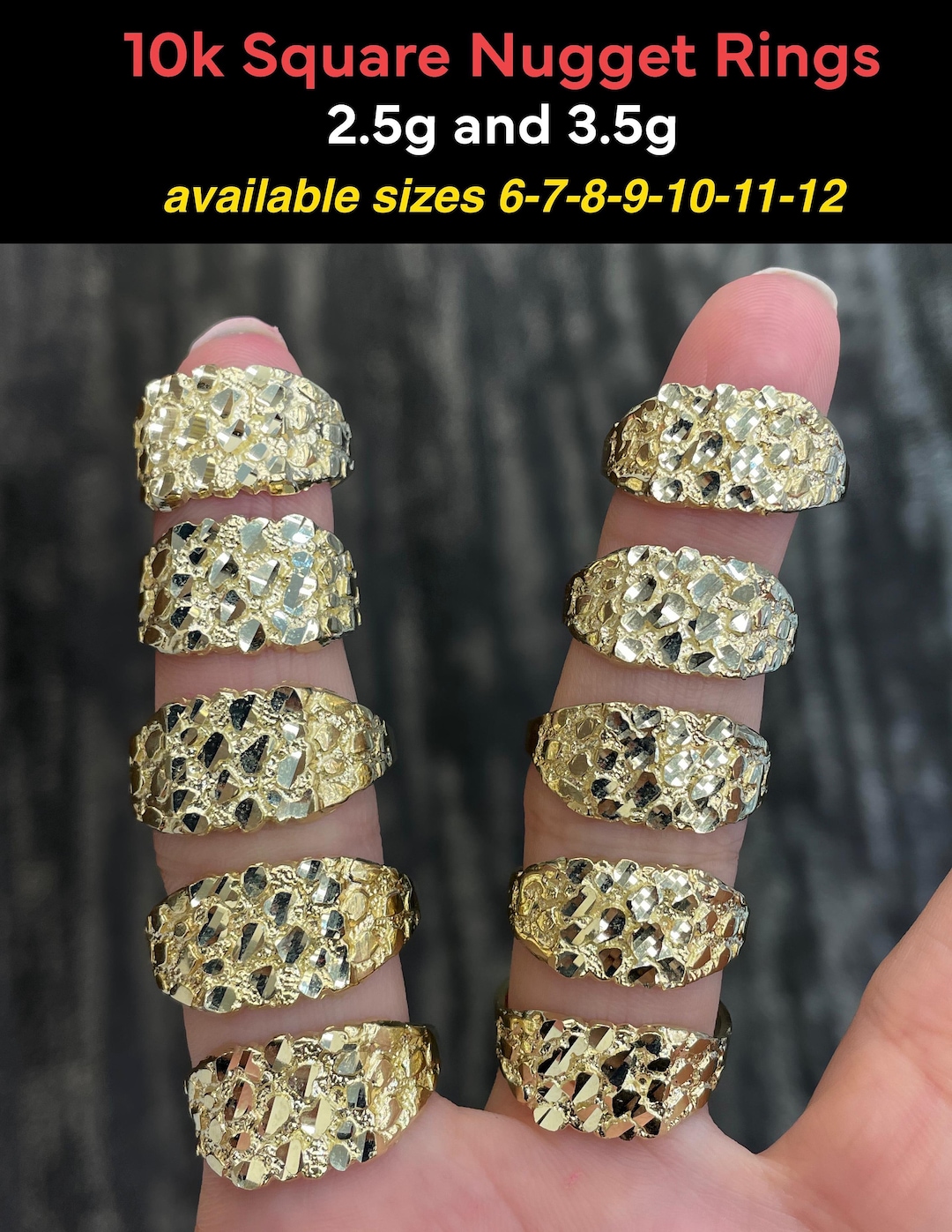 10K Gold Square Nugget Rings | Real Solid Gold 10K Square Nugget Ring ...