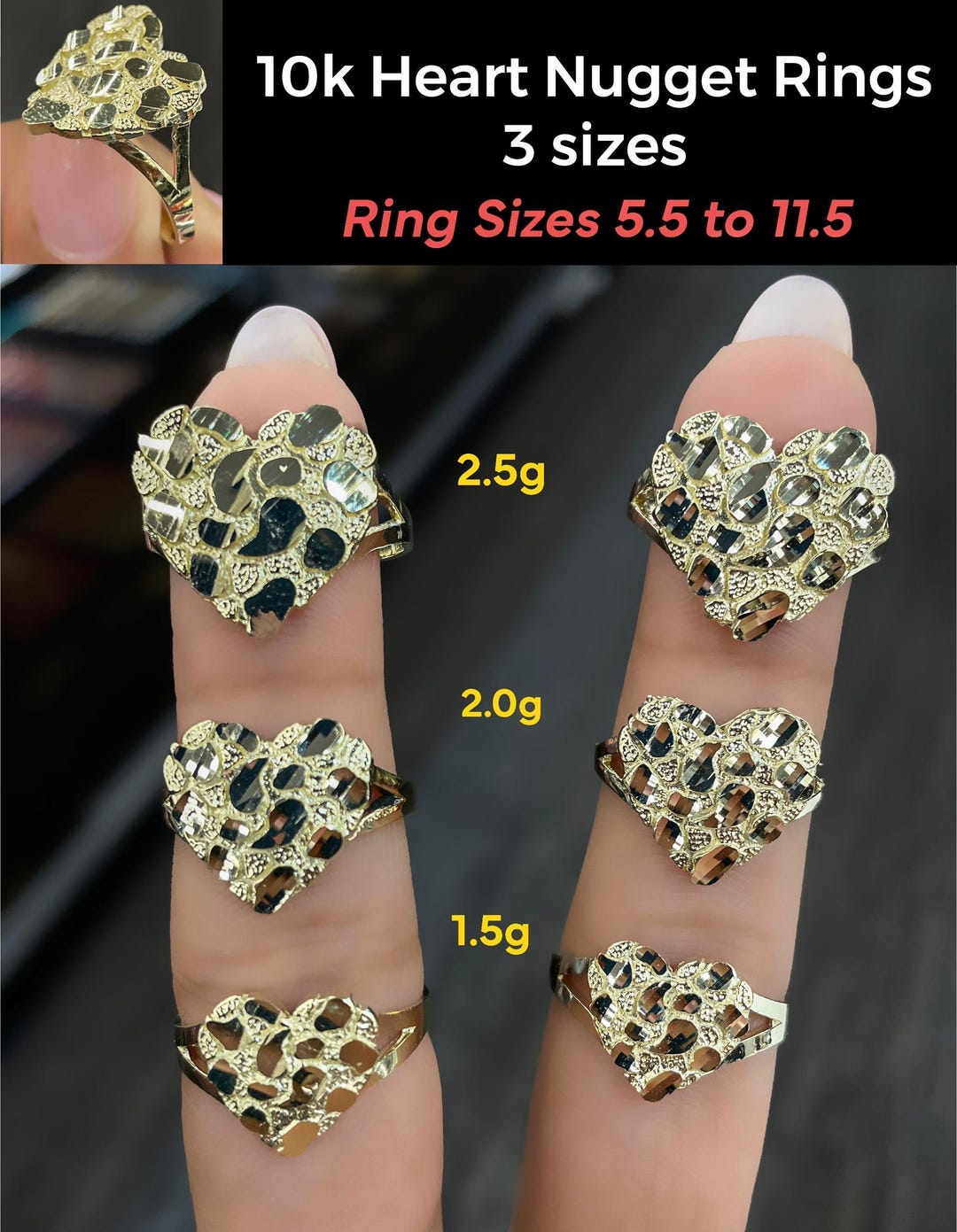 10K Gold Heart Nugget Rings | Real Solid Gold 10K Heart Nugget Ring ...