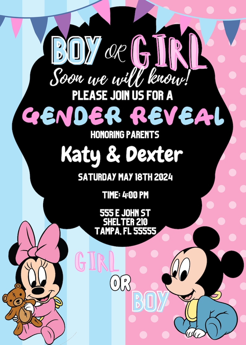 Mickey and Minnie Mouse Gender Reveal Invitation, Editable Canva ...