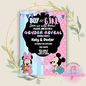 Mickey and Minnie Mouse Gender Reveal Invitation, Canva Editable ...