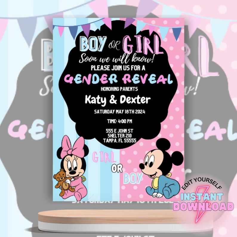 Mickey and Minnie Mouse Gender Reveal Invitation, Editable Canva ...