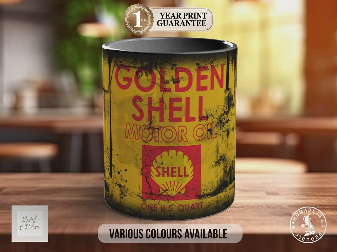 Golden Shell Motor Oil Mug – Vintage Retro Garage Car Enthusiast Gift ...