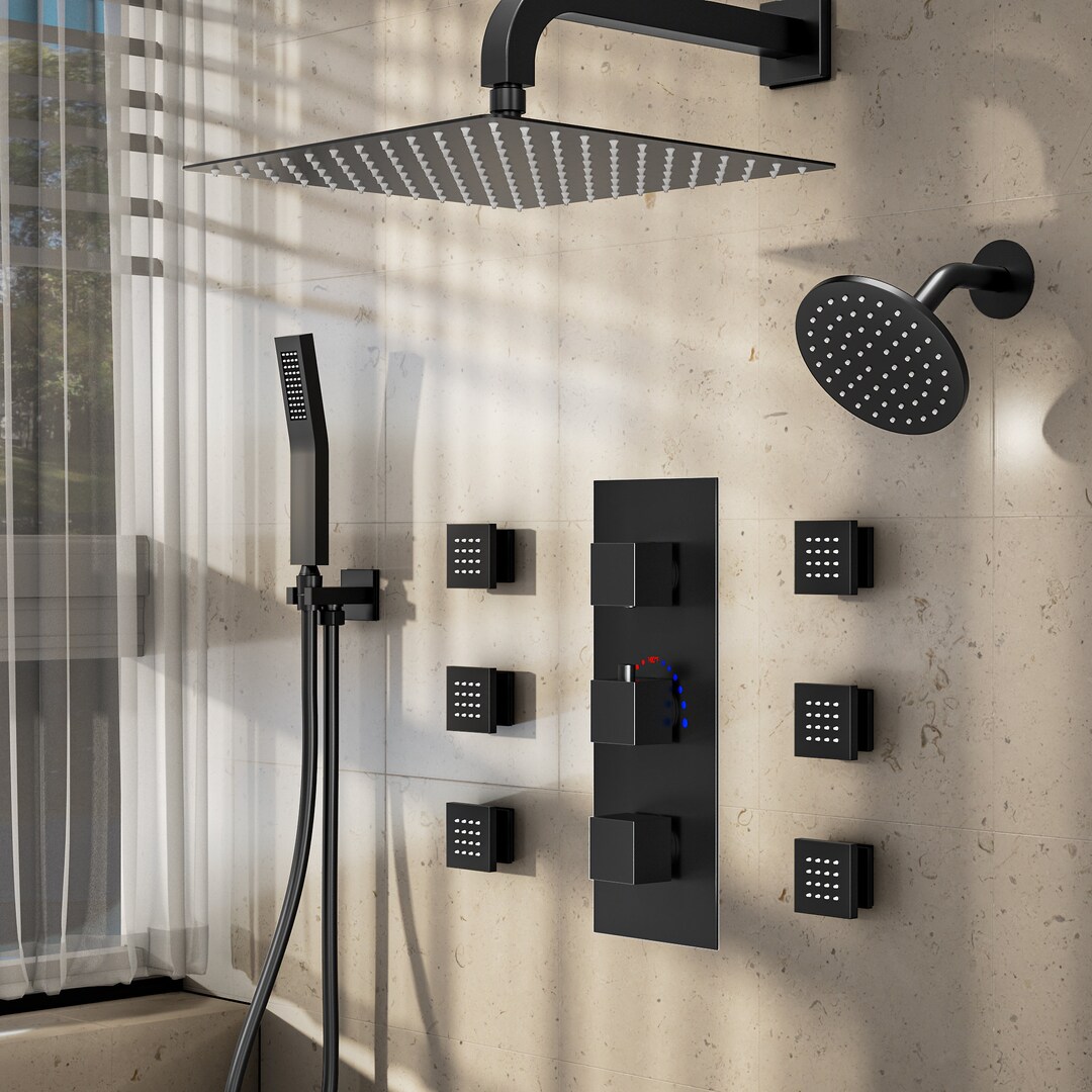 Rainfall Shower Faucet Set With Dual Showerheads and 6 Body Jets Wall ...