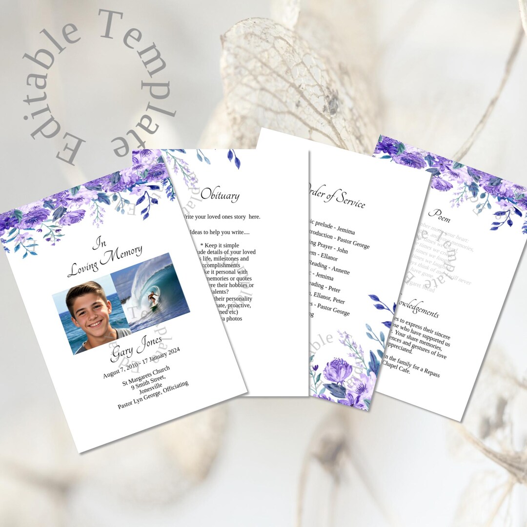 Blue Floral Male Funeral Program, 4-page, Obituary, Order of Service ...