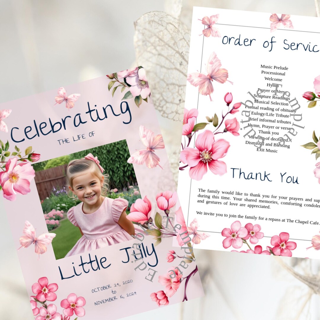 Baby or Child Funeral Program, Pink Floral, Butterflies, Loss of ...