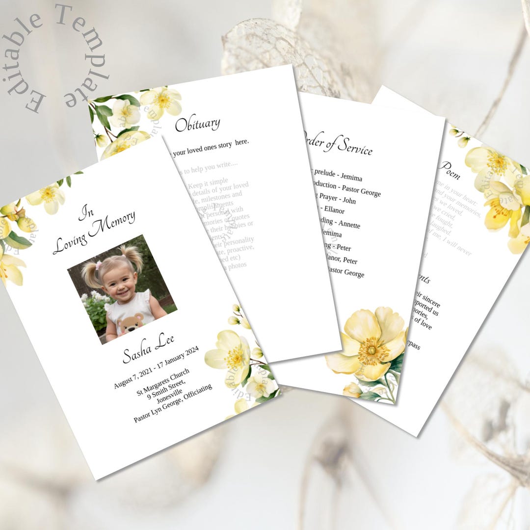 Baby / Child Funeral Program, Yellow Teddy Bear & Flowers, 4 Page, in ...