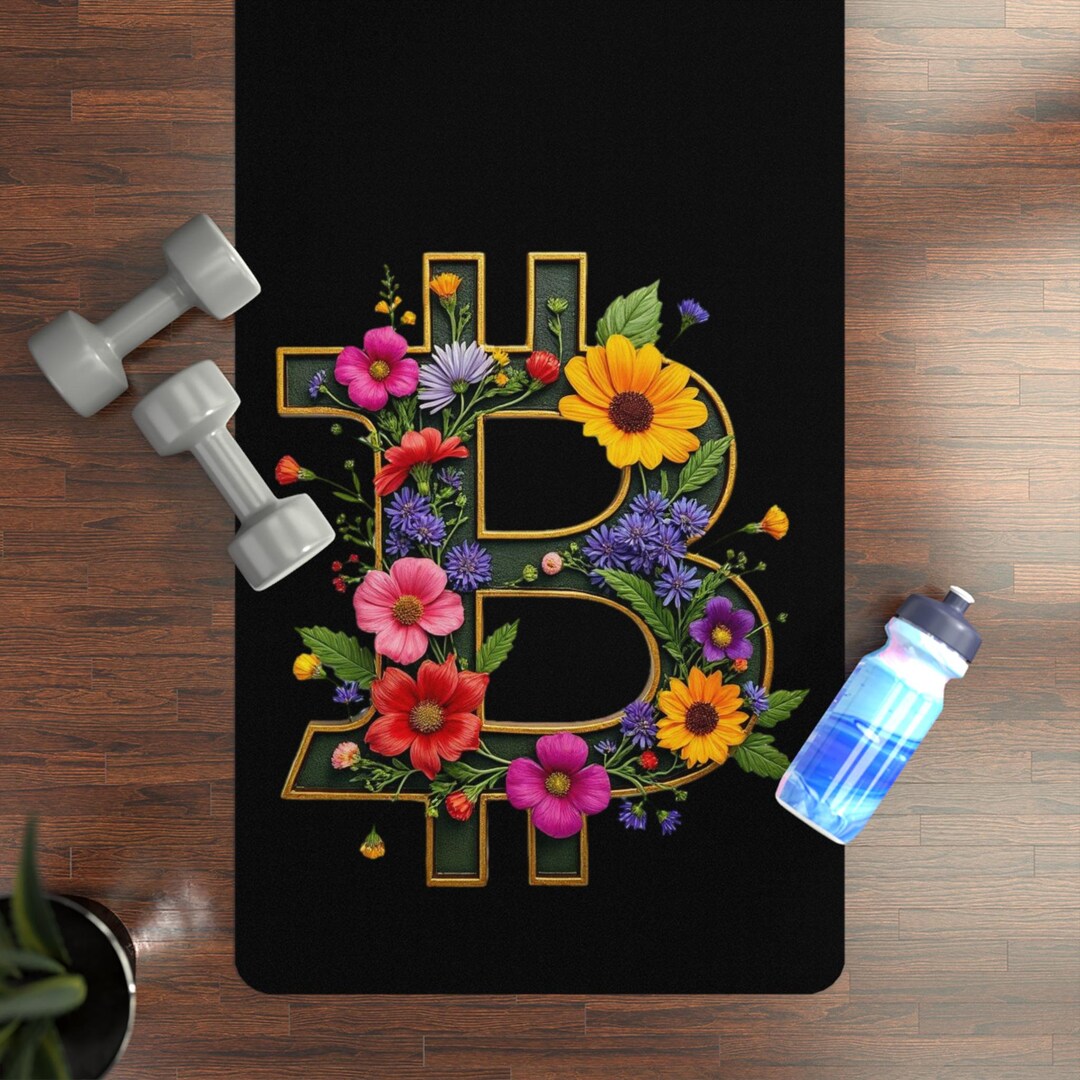 Yoga Mat, Bitcoin Logo With Ornamental Flowers, Botanicals Design ...