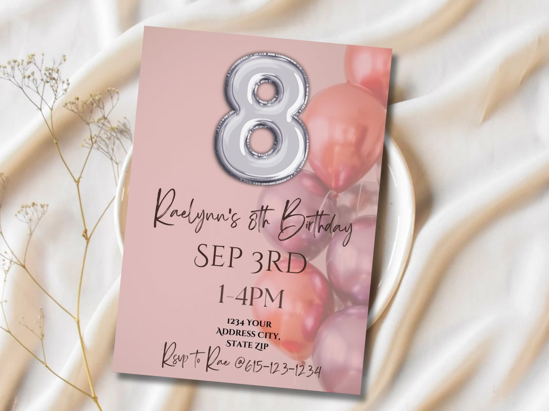 Editable 8th Birthday Invitation Template|foil Eight Birthday ...