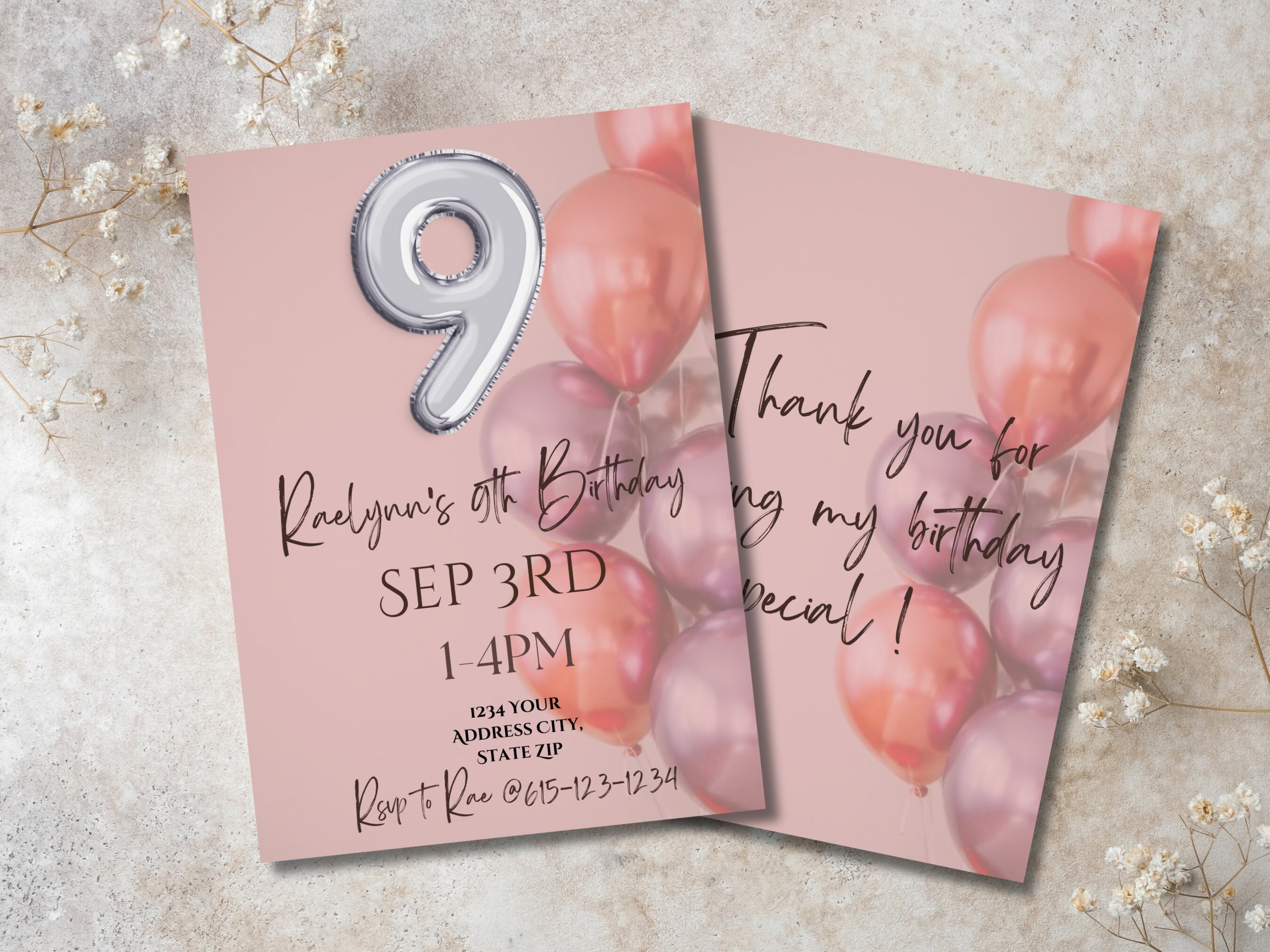 Editable 9th Birthday Invitation Template|foil Ninth Birthday ...