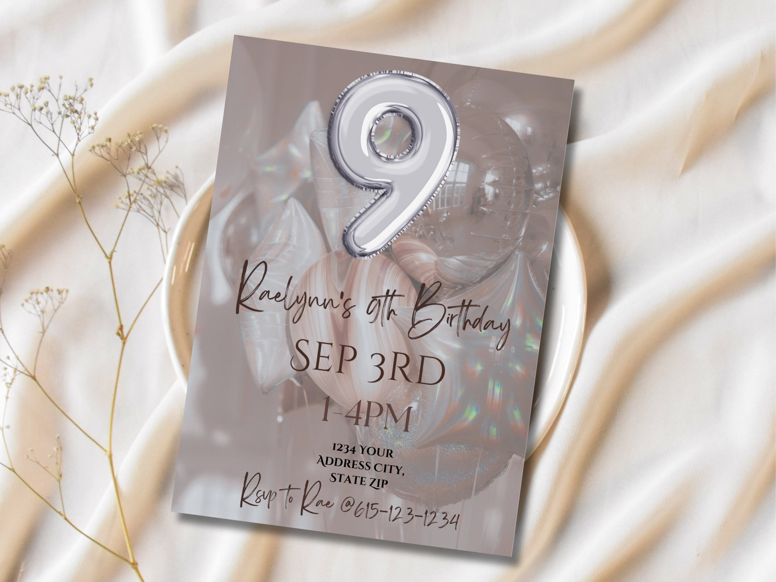 Editable 9th Birthday Invitation Templatefoil Ninth Birthday ...