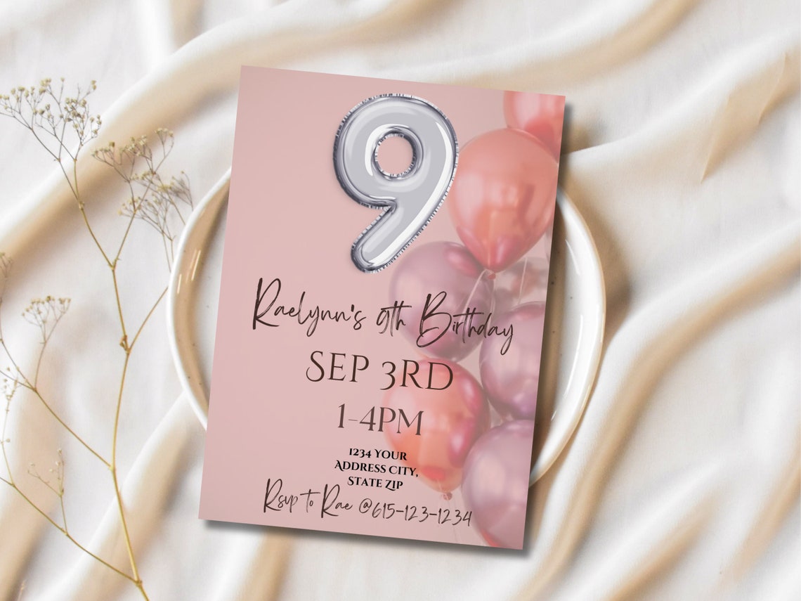 Editable 9th Birthday Invitation Template|foil Ninth Birthday ...