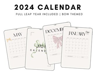 2024 Coquette Printable Yearly Calendar Ribbon Bow Calendar Watercolour ...