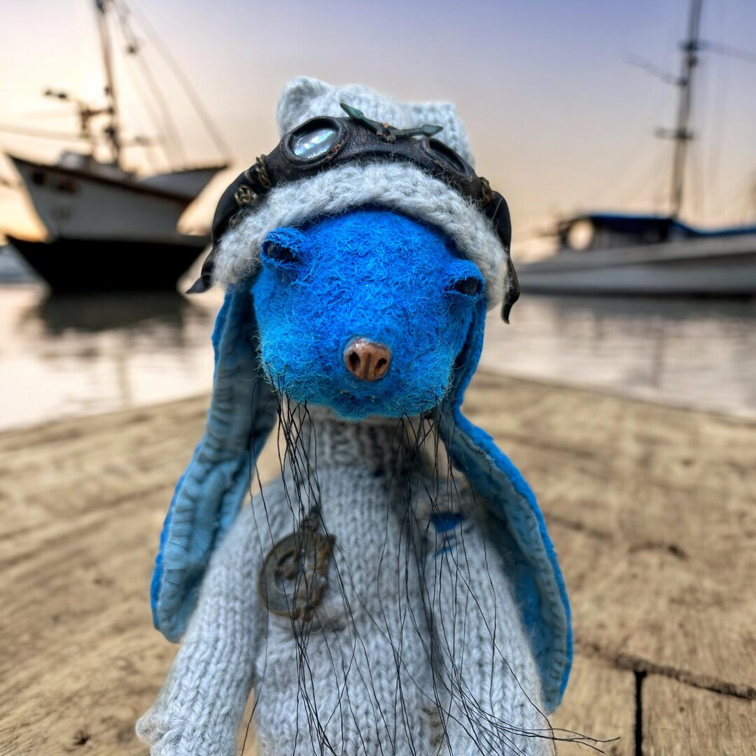 Handcrafted Blue Aviator Bunny Plush - Whimsical Pilot Toy for Unique ...