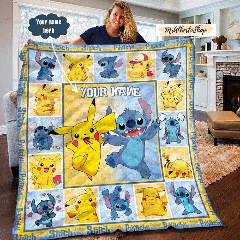 Personalized Stitch And Pika Quilt, Cute Couple Quilt, Pika Quilt ...