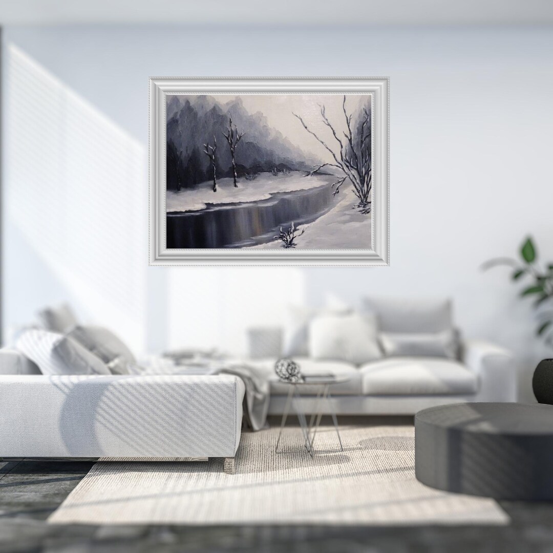 Handmade Oil Painting on Canvas – Serene Winter River Landscape in ...
