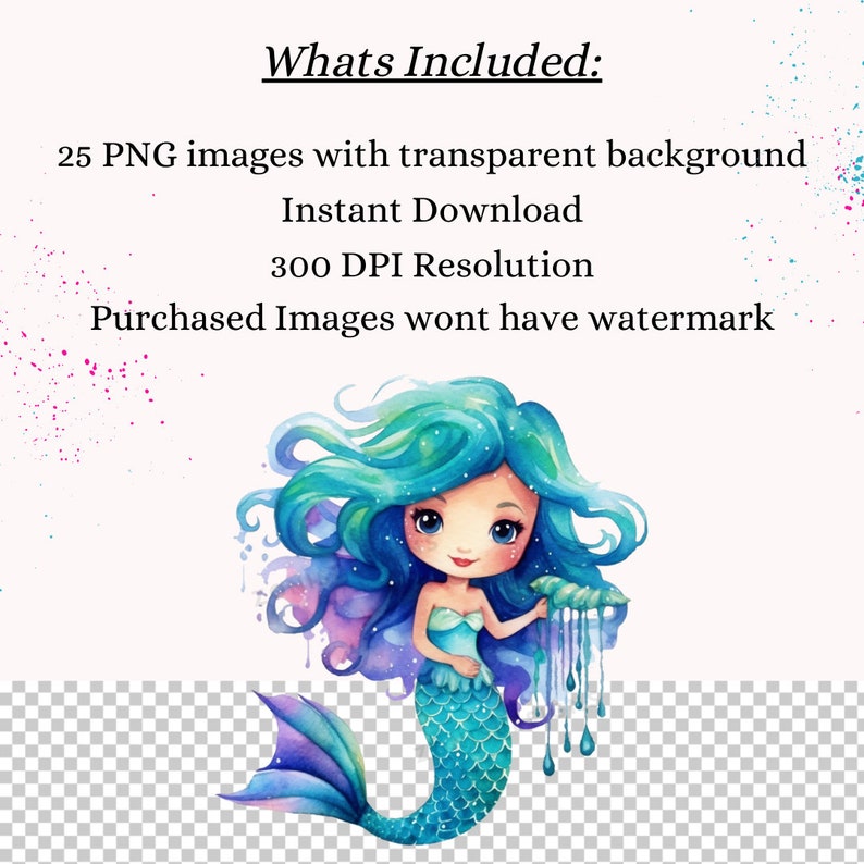 Watercolor Mermaid Clipart Bundle, Watercolor Cute Mermaid Clipart PNG ...