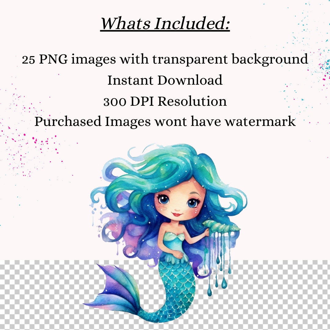 Watercolor Mermaid Clipart Bundle, Watercolor Cute Mermaid Clipart PNG, Cute Sea Characters ...