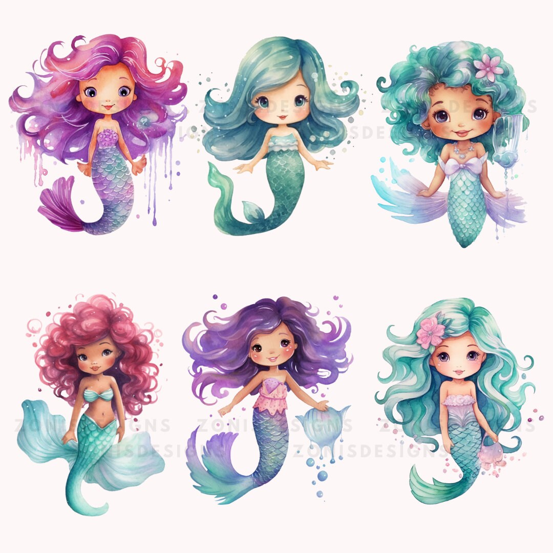 Watercolor Mermaid Clipart Bundle, Watercolor Cute Mermaid Clipart PNG ...