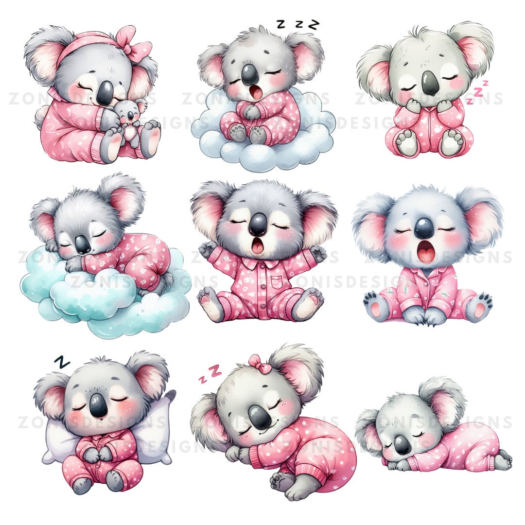 Watercolor Sleepy Koala Clipart, Nursery Wall Art, 31pc Transparent PNG ...