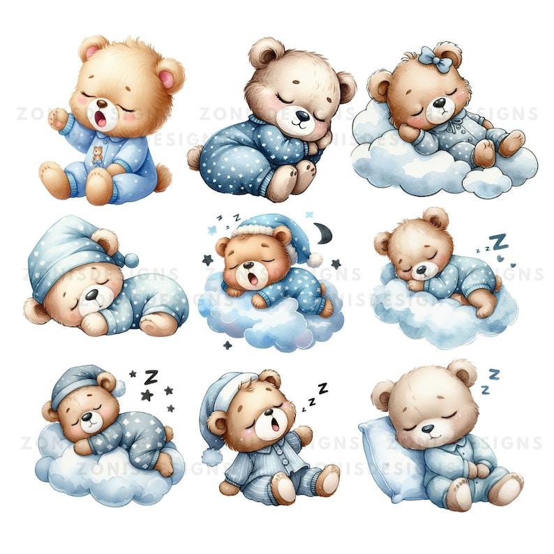 Watercolor Sleepy Bears, 31 High Quality PNG Files, Nursery Decor, Baby ...