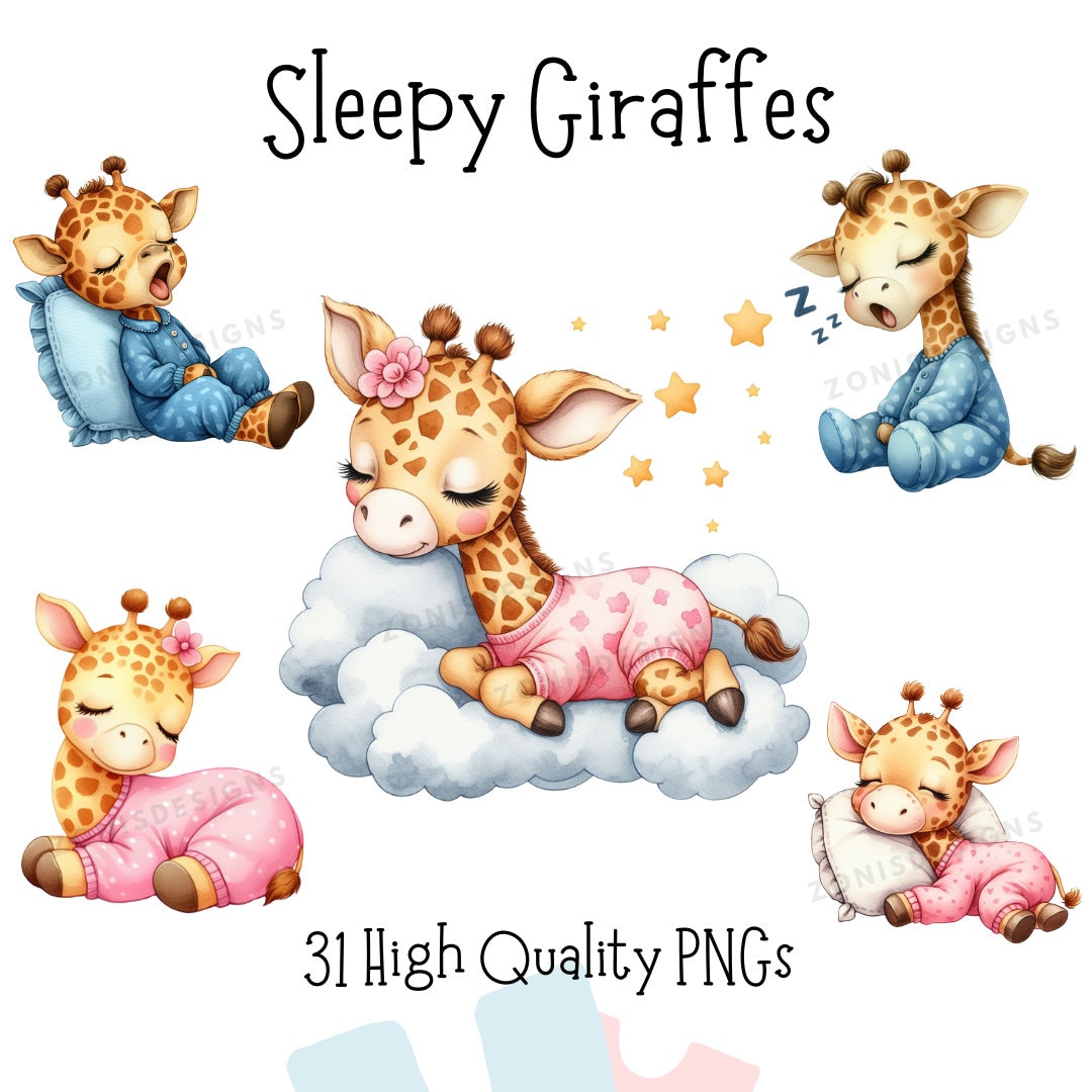 Watercolor Sleepy Giraffes, 31 High Quality PNG Files, Nursery Decor ...