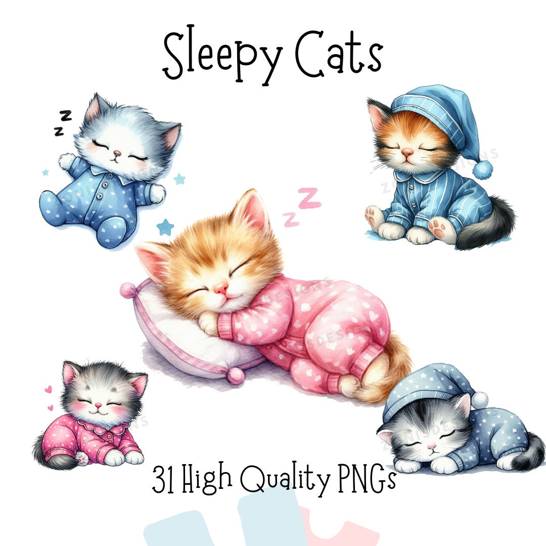 Watercolor Sleepy Cats, 31 High Quality PNG Files, Nursery Decor, Baby ...