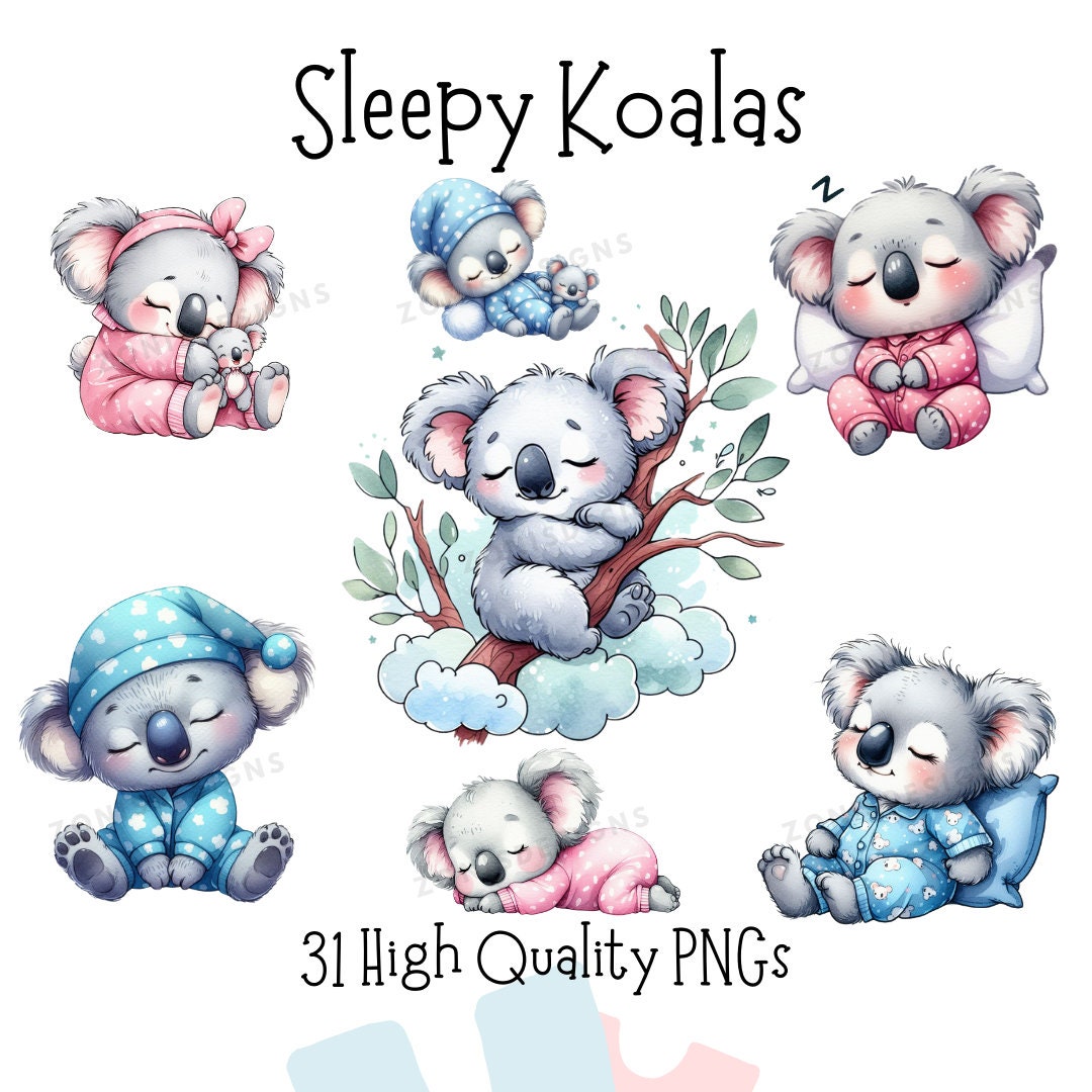Watercolor Sleepy Koala Clipart, Nursery Wall Art, 31pc Transparent PNG ...