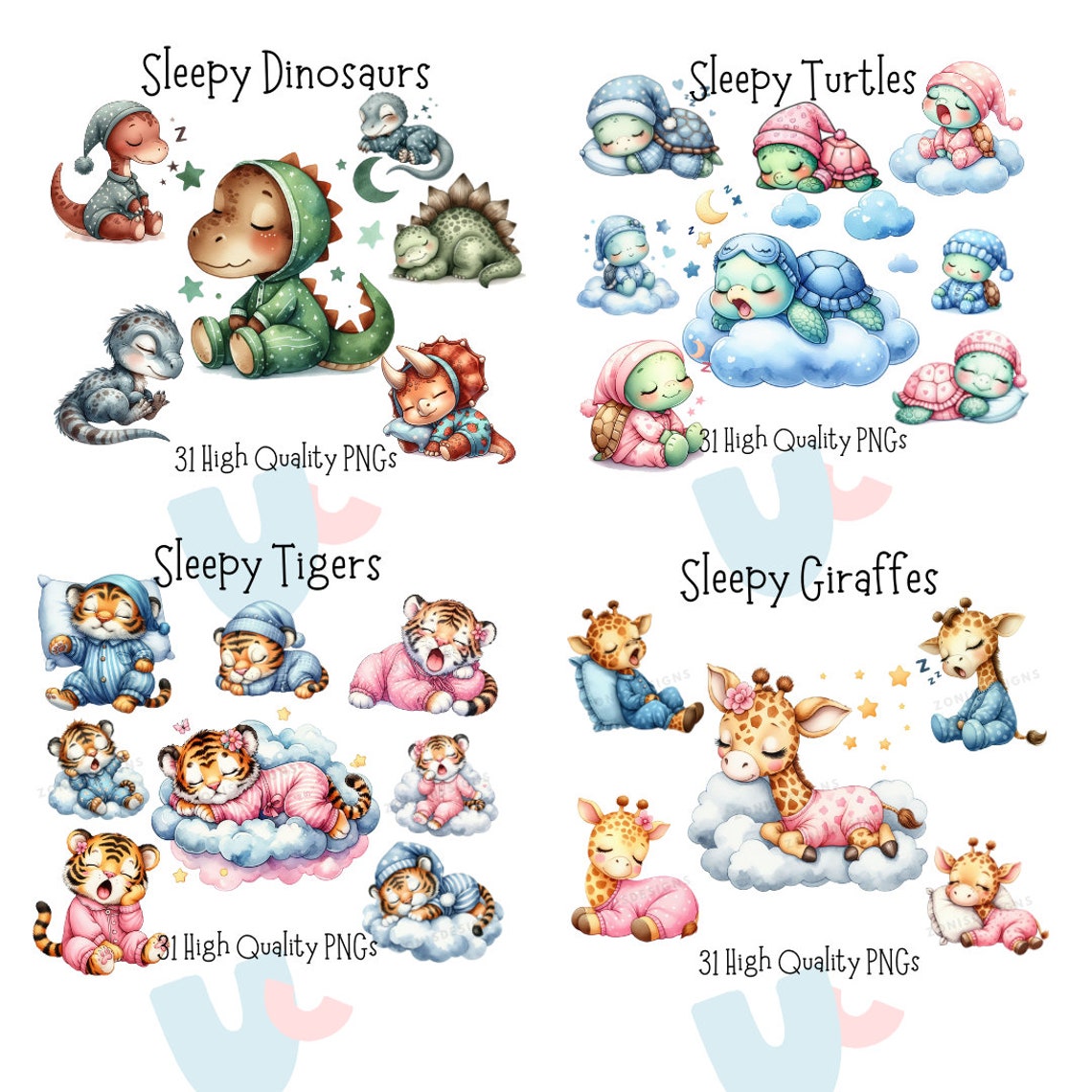 600 Watercolor Sleeping Animals Clipart, Mega Bundle, Sleep Animal ...